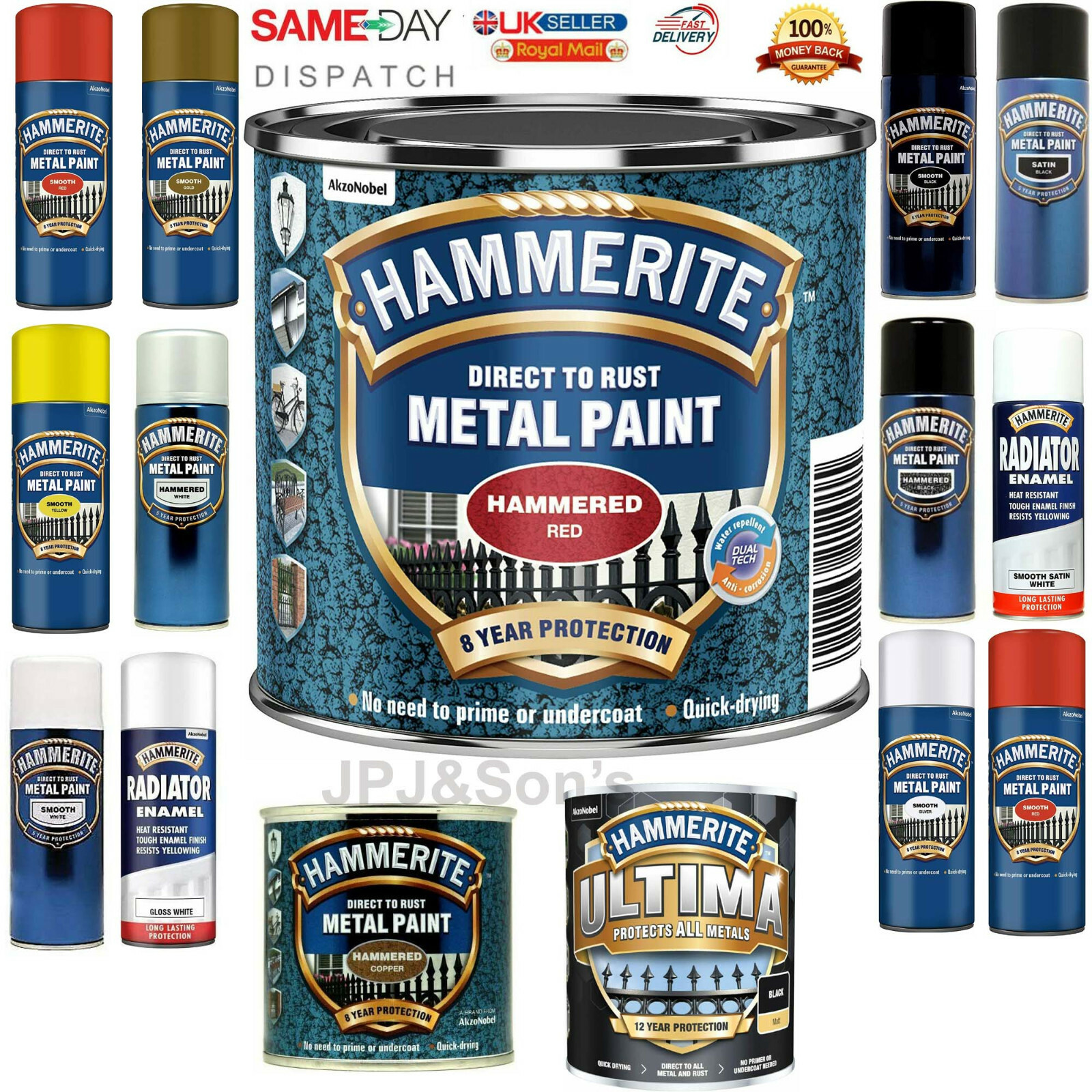 HAMMERITE DIRECT TO RUST QUICK DRYING METAL PAINT ALL COLOUR 250ML ...