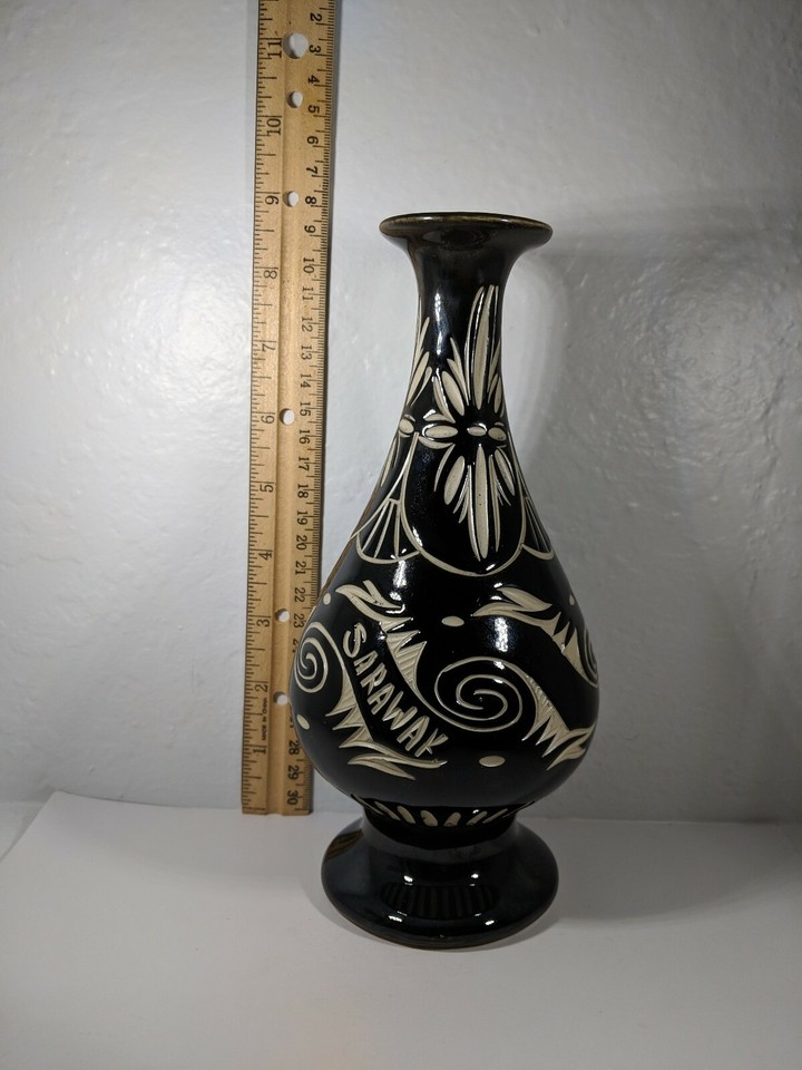 Hand Carved Glazed Pottery Vintage Vase of the Sarawak Tribe Malaysia ...