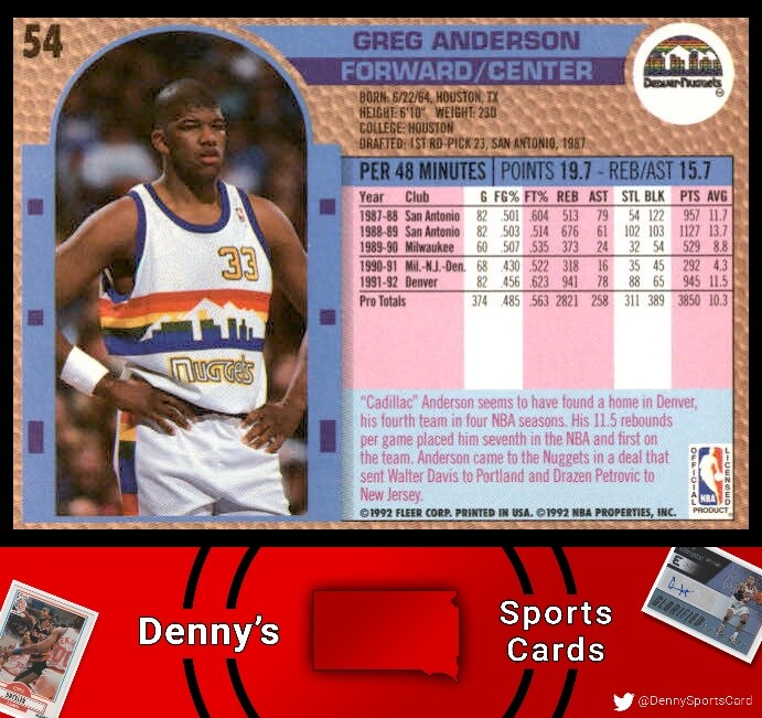 1992 Fleer #54 Greg Anderson Denver Nuggets Basketball Card | eBay