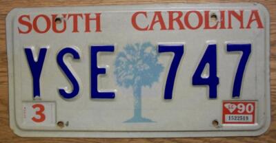 SINGLE SOUTH CAROLINA LICENSE PLATE - 1990 - YSE 747 | eBay