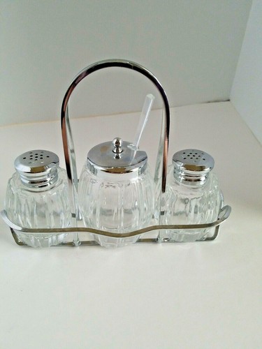 3 Piece Glass Salt Pepper Condiment Jam Spoon Metal Holder | eBay