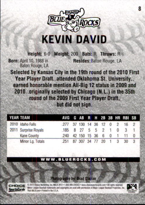 2012 Wilmington Blue Rocks Choice #8 Kevin David Baton Rouge Louisiana ...