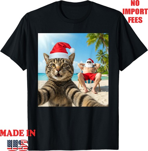 Christmas In July Cat Selfie With Santa Beach Summer Xmas T-Shirt ...