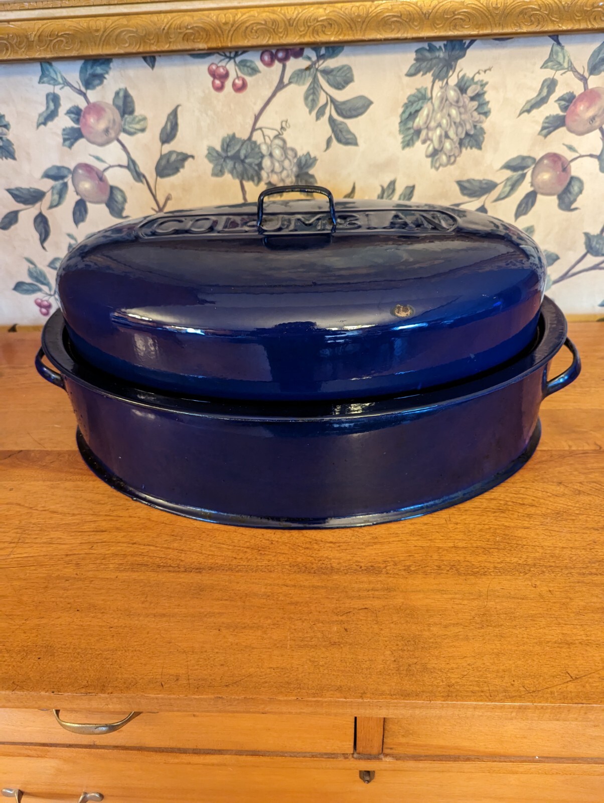 VINTAGE COLUMBIAN ENAMELWARE ROASTER WITH LID COBALT BLUE 8 QUART LARGE ...
