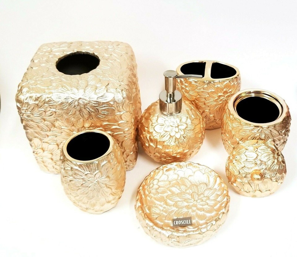 6 PC CROSCILL METALLIC ROSE GOLD 3D FLORAL SPHERE SOAP DISPENSER,DISH ...