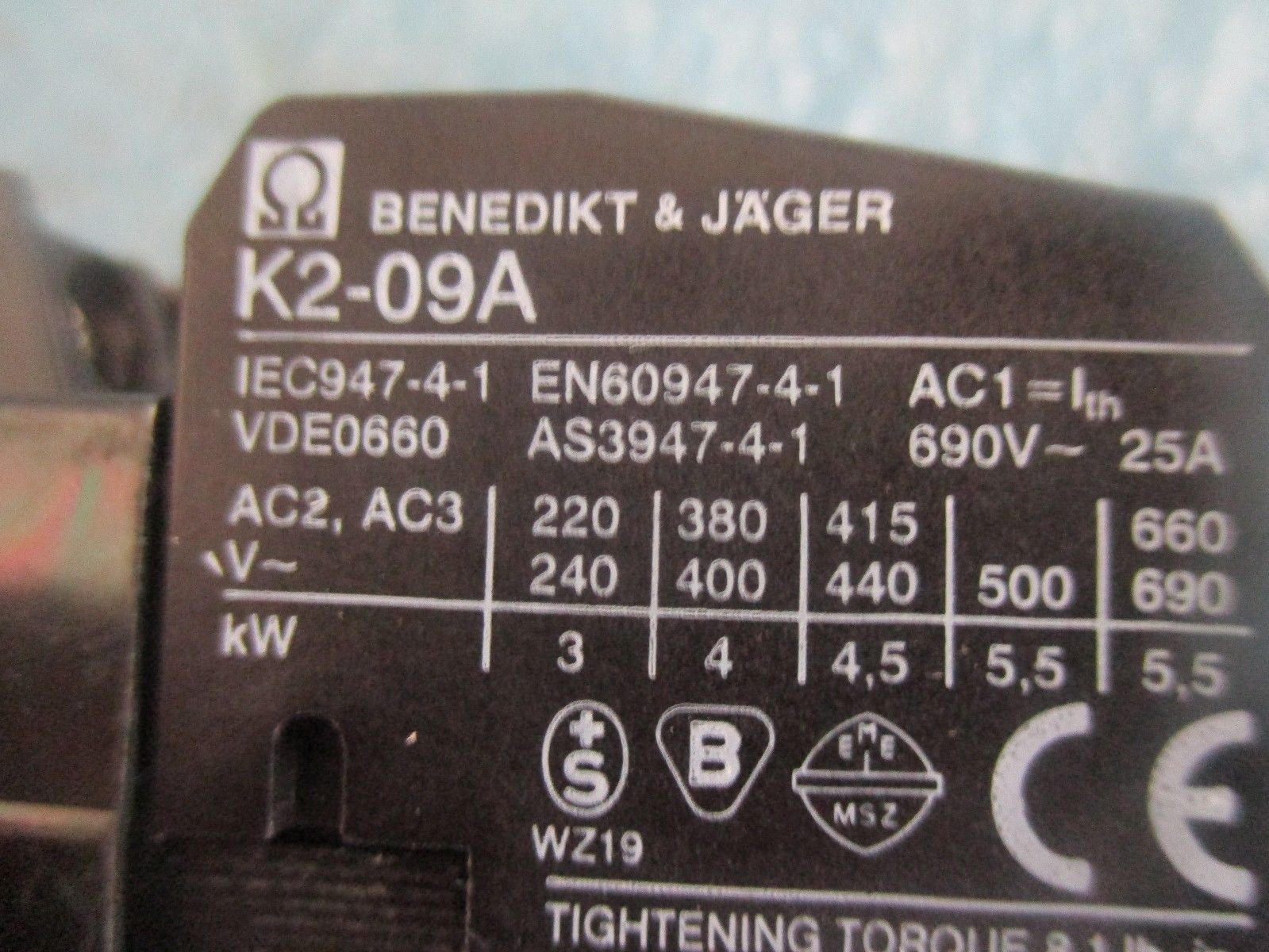 Benedikt & Jager Modèle :K2-09a Contacteur avec Benedikt & Jager : U12/16em