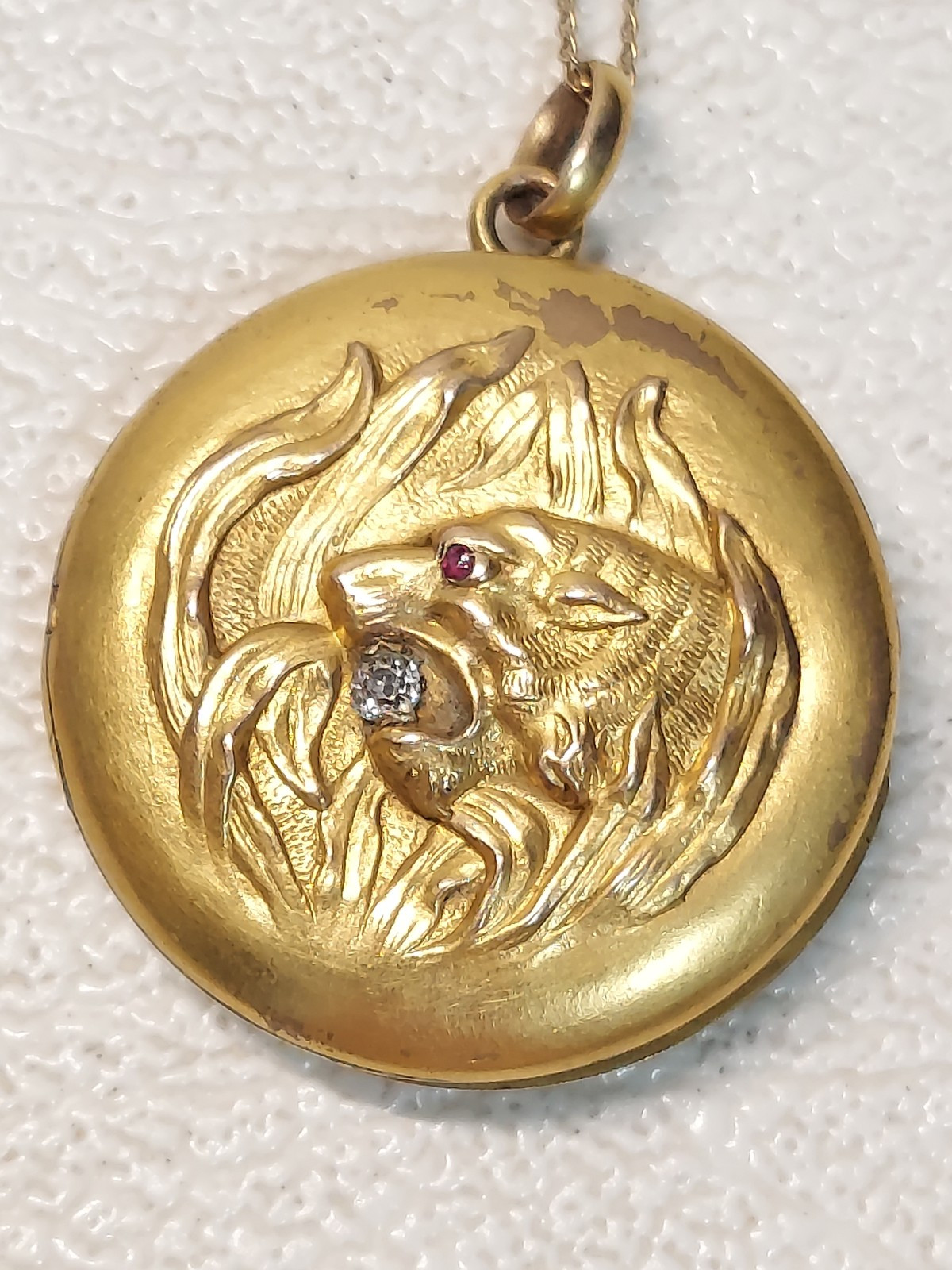 Rare antique 1900s Gold filled Fierce Lion Locket Nec… - Gem