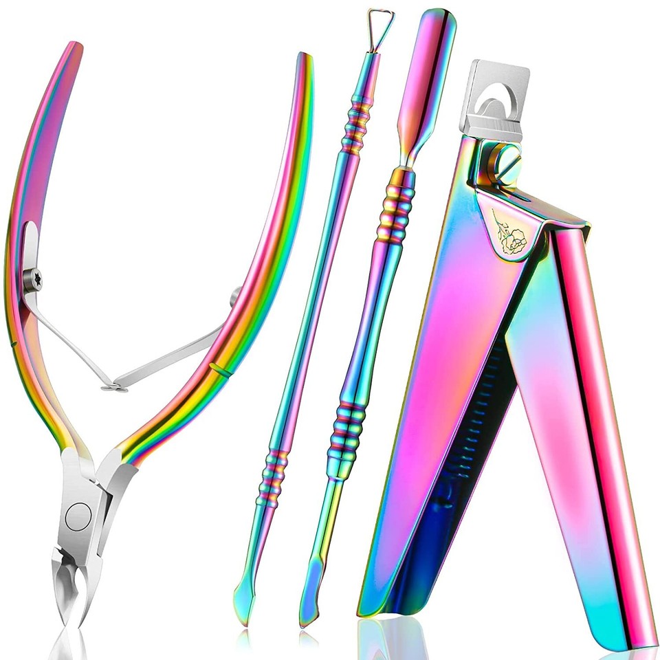 4pcs Cuticle Nail Manicure Set Rainbow Stainless Steel Acrylic Nail ...