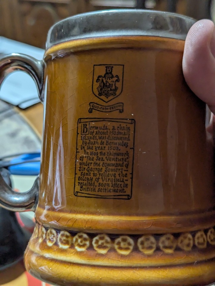 LORD NELSON POTTERY ENGLAND BERMUDA MAP MUG VINTAGE TOFFEE BROWN SILVER ...