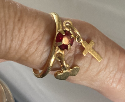 gold tone charm (heart/cross/ruby color stone) ring | eBay