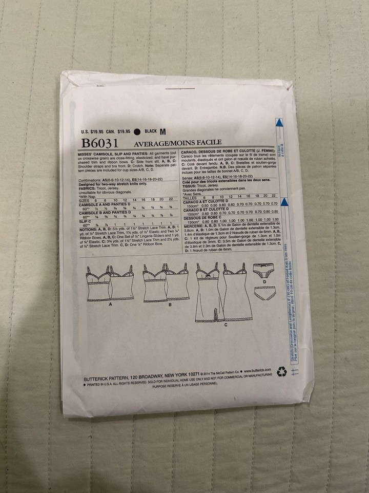 Butterick Pattern 6031 Misses Retro Lingerie Panties Slip Camisole Sz 6 ...