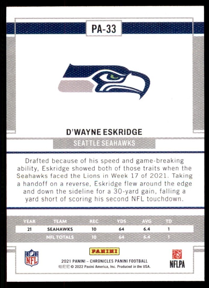 2021 Panini Pink Dwayne Eskridge Rookie Seattle Seahawks #PA-33 | eBay