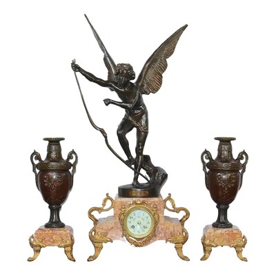 Antique 1896 "Amour Irresistible" Angel Statue on Pink Marble 3-Piece ...