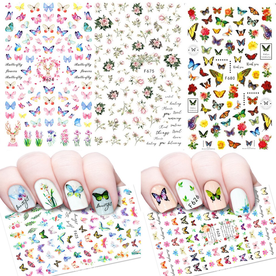 3D Self-adhesive Nail Art Decals Flowers Butterfly Fingernail Sticker ...