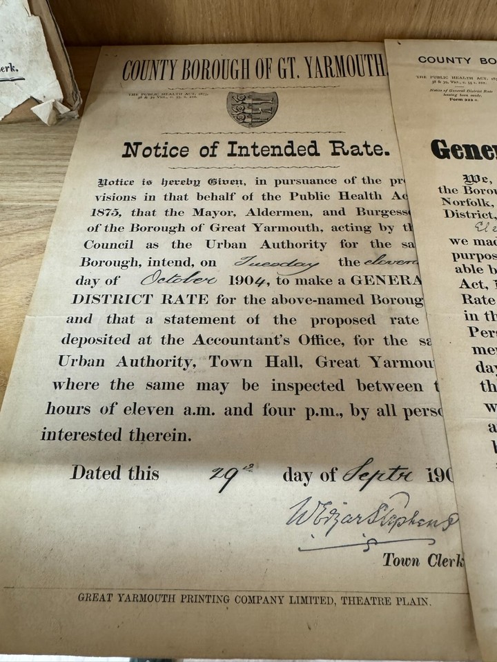1904 Great Yarmouth Original Notices of Distric Rates & Sanitary Rates ...