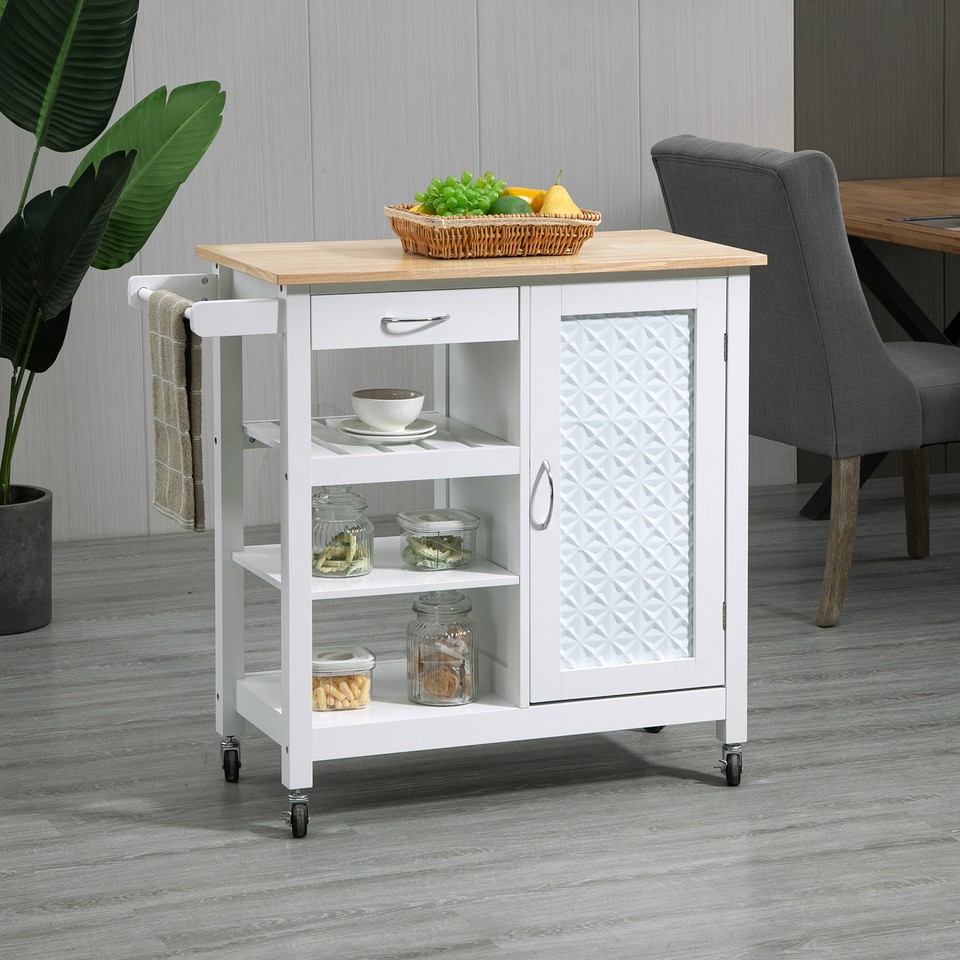 Compact Kitchen Trolley Utility Cart on Wheels with Embossed Door White ...