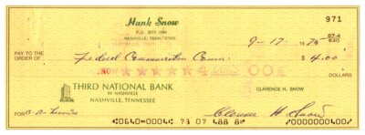 Original HANK SNOW Signed AUTOGRAPH Personal Bank Check to FCC for CB ...