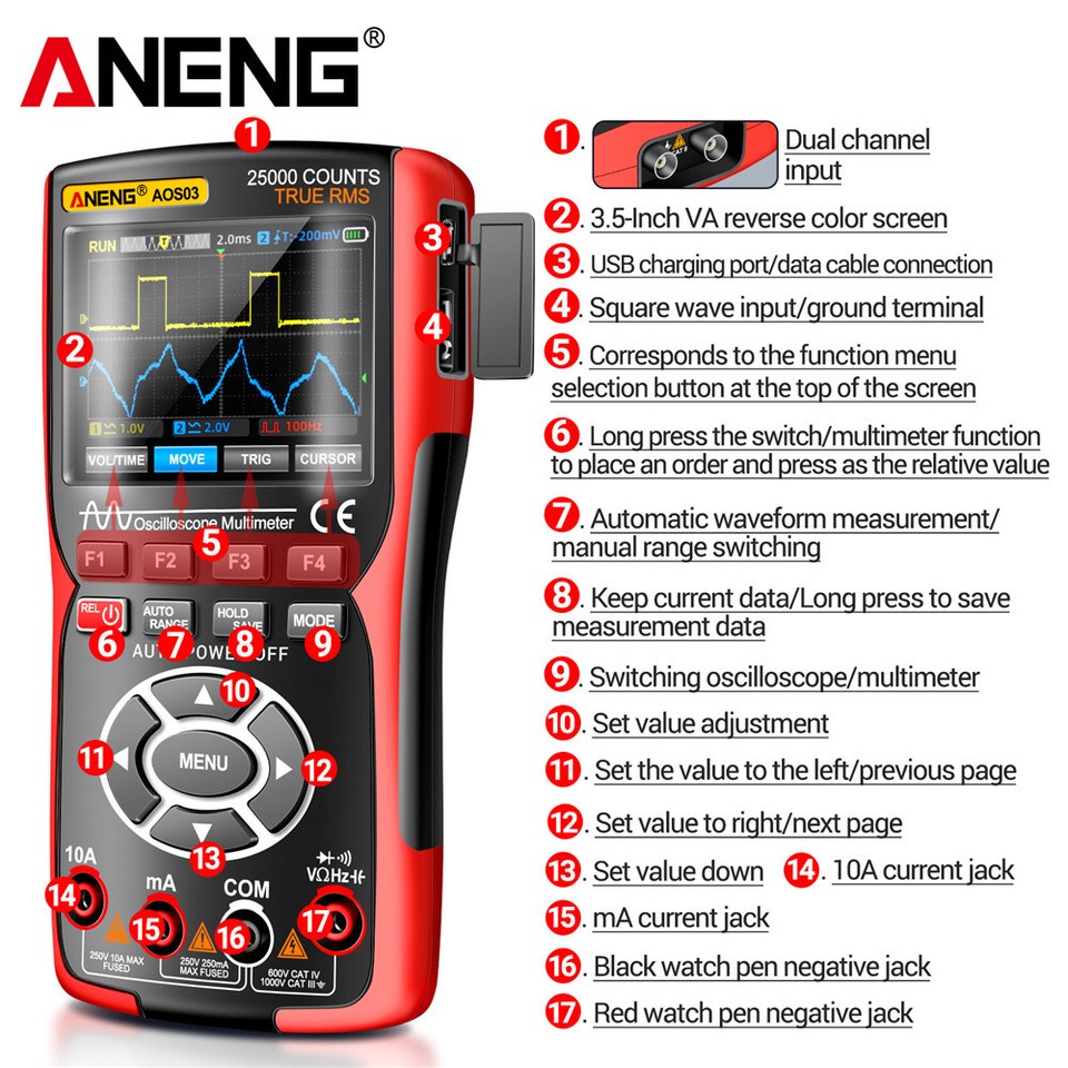 ANENG AOS03 3-in-1 Handheld Multimeter Digital Oscilloscope Signal ...