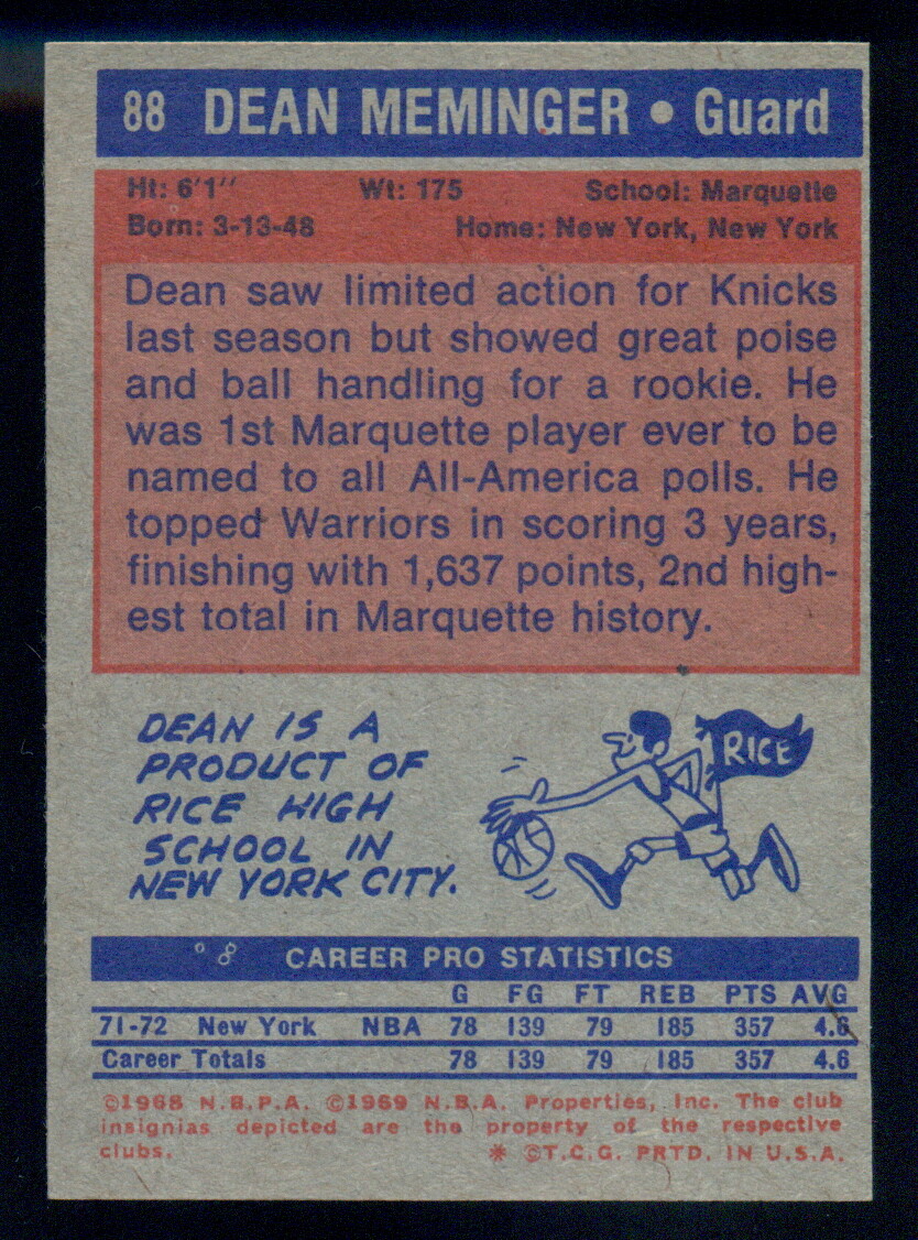 1972-73 TOPPS NBA BASKETBALL #88 Dean Meminger rookie NM-MINT N Y ...