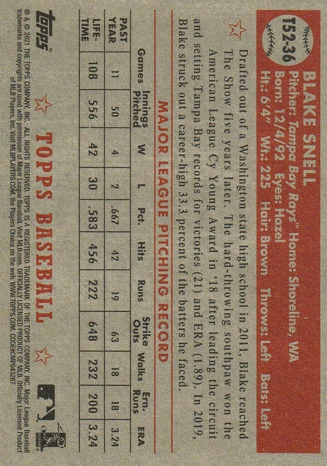 2021 Topps Series 1 Baseball Insert Card 1952 Redux T52-36 Blake Snell ...