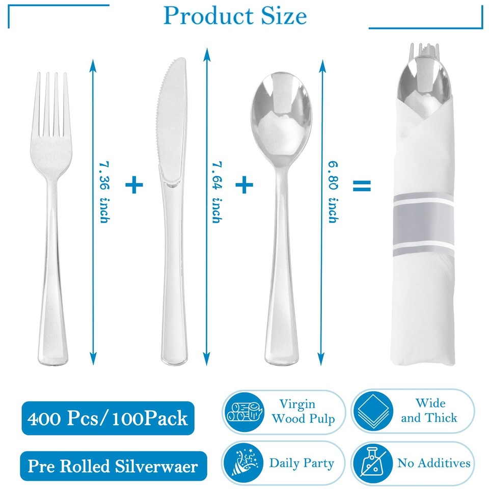 100 Pack Silver Plastic Silverware Pre Rolled Silverware Set Disposable ...