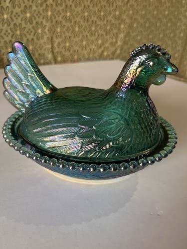 Rare Indiana Glass Evergreen / Aqua Carnival Glass Hen On Nest Candy ...