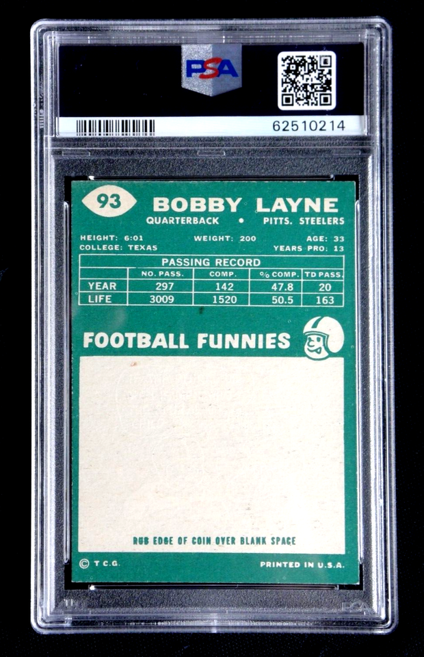 BOBBY LAYNE 1960 TOPPS FOOTBALL CARD #93 PSA 7 NEAR MINT HOF STEELERS ...