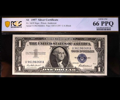 1957 $1 One Dollar Silver Certificate Note - Fr#1619 - PCGS-66 PPQ GEM ...