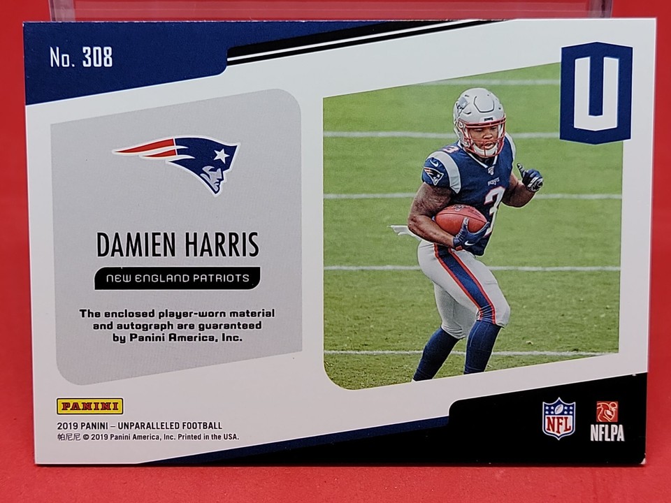 DAMIEN HARRIS 2019 UNPARALLELED ROOKIE RC JERSEY AUTOGRAPH auto #308 NE ...