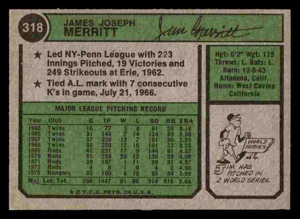 1974 Topps Jim Merritt #318 - Texas Rangers | eBay
