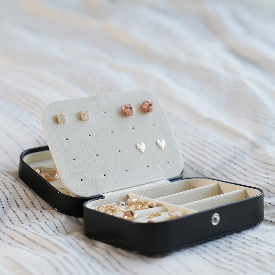 Compact PU Leather Double Layer Jewelry Organizer Box Portable Black ...