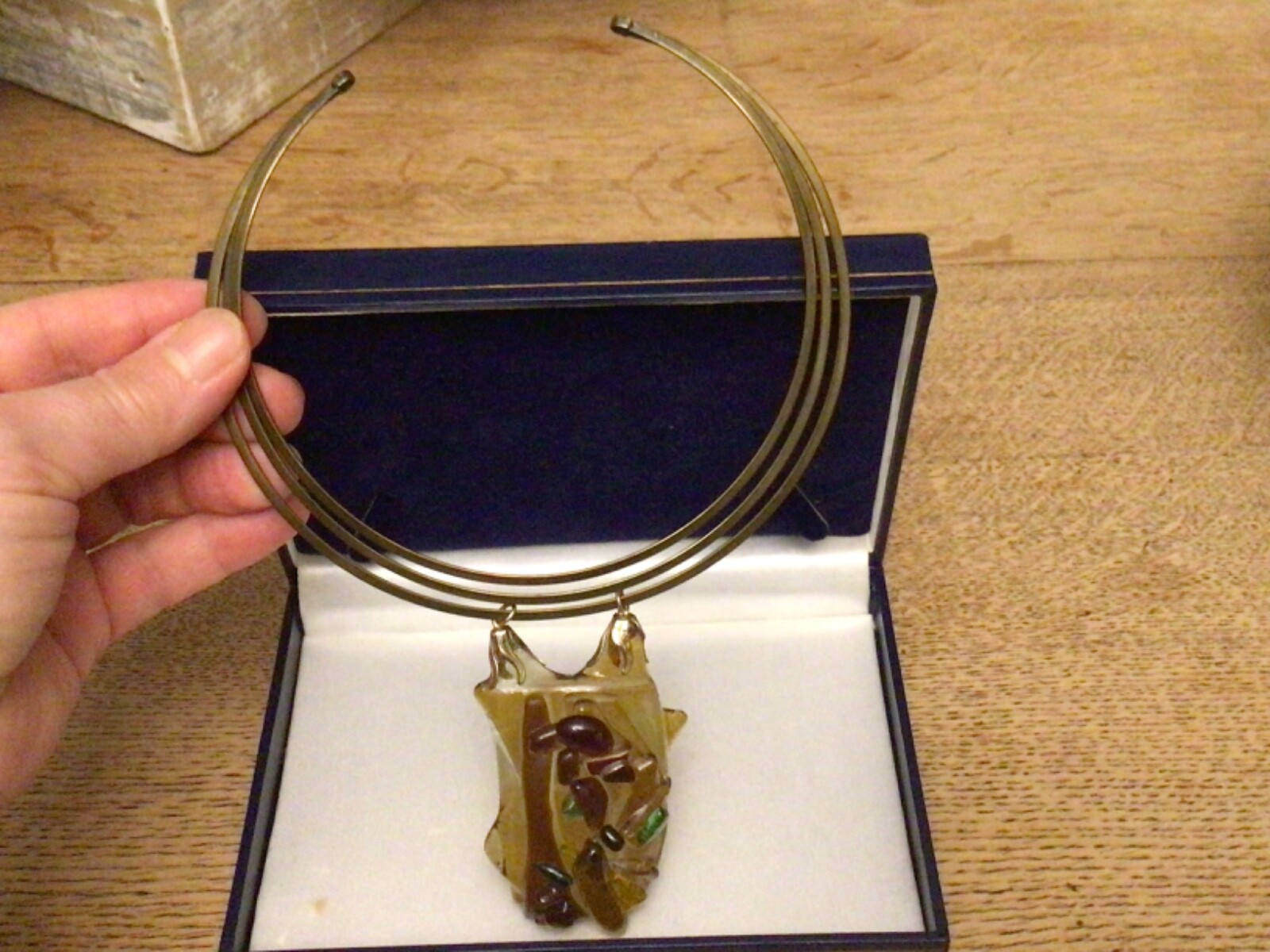 Vintage Brass Cuff Collar with Fused Glass Pendant Ne… - Gem