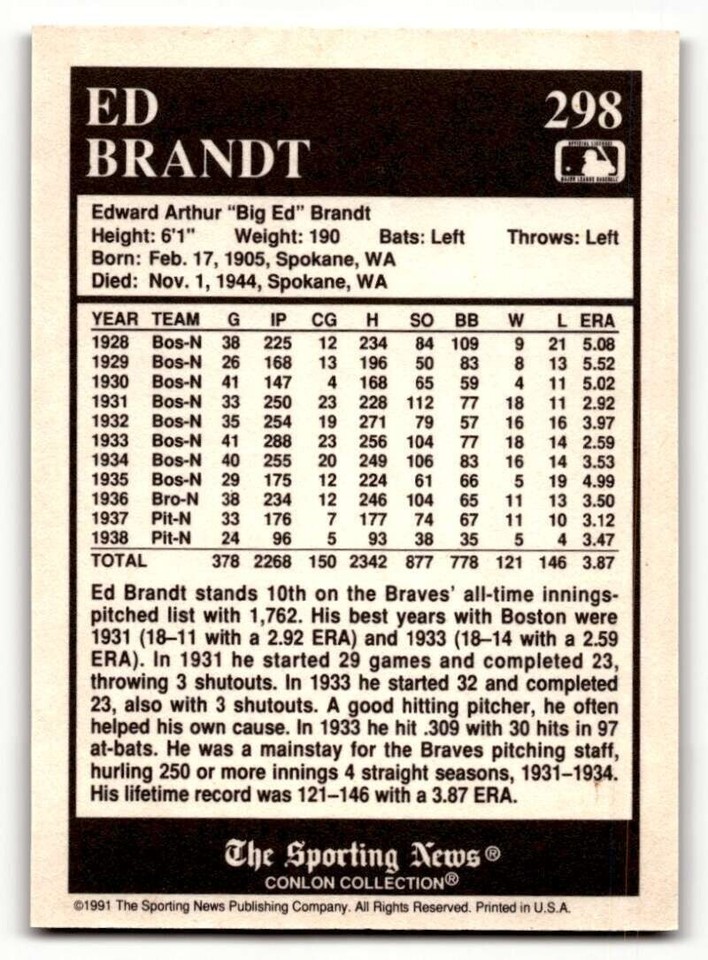 1991 Conlon Collection - The Sporting News - ED BRANDT - Trading Card ...