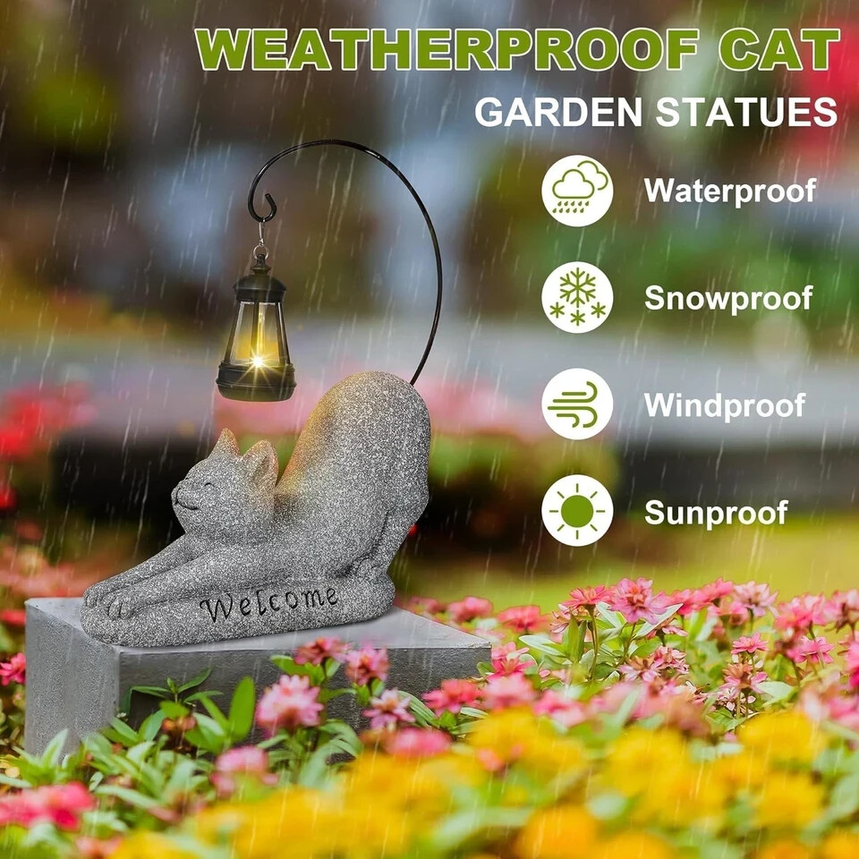 Solar Cat Garden Statue Outdoor Decor Cat Figurine with Solar Lantern ...