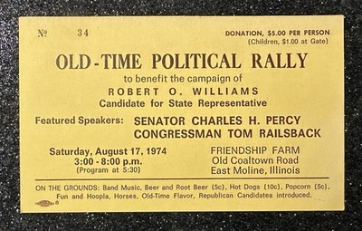 1974 Political Fundraiser Ticket / 5¢ Beer, 10¢ Hot Dogs / East Moline ...