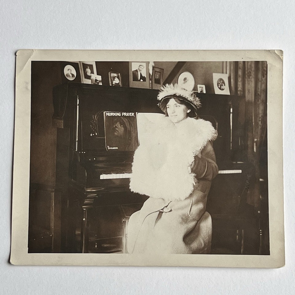 Antique Snapshot Photograph Beautiful Woman Piano Morning Prayer Book ...