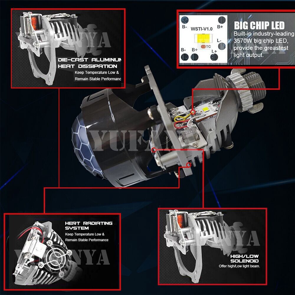 Bi LED Projector 2.5'' Honeycomb Lens+Shrouds 70W 6000K LED Headlight ...