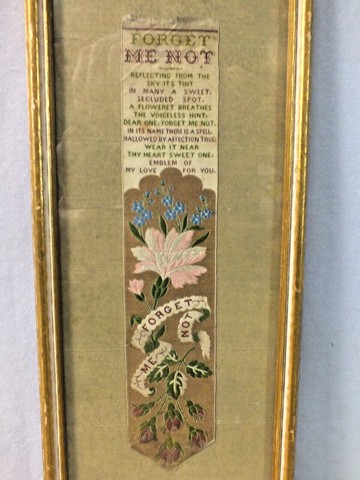Victorian Stevengraph Pure Silk Woven Bookmark “Forget Me Not” w Frame ...