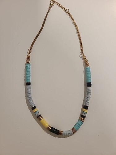 Colorful Vinyl Disc Beaded Necklace – Boho Style, Blue/Yellow/Gold ...