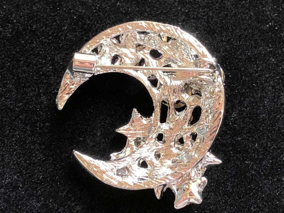 Moon Brooch pin pink purple & clear rhinestones 1.5x1.25 GIFT mothers ...