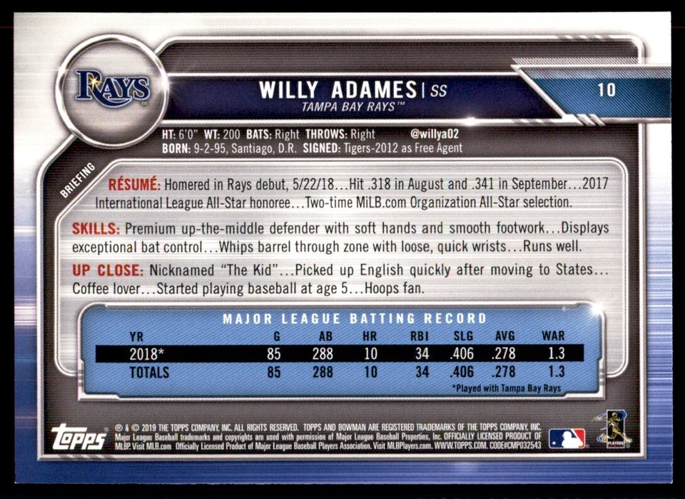 2019 Bowman. Willy Adames D Baseball Cards #10 | eBay