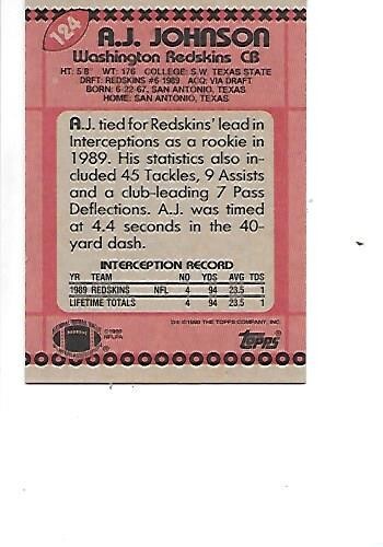 A.J. Johnson 1990 Topps Super Rookie Football Card #124 Washington ...