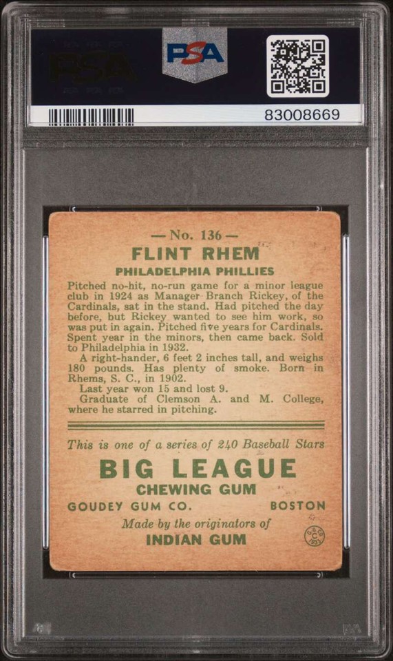 1933 Goudey #136 Flint Rhem PSA 3 RC Rookie Phillies (8669) | eBay
