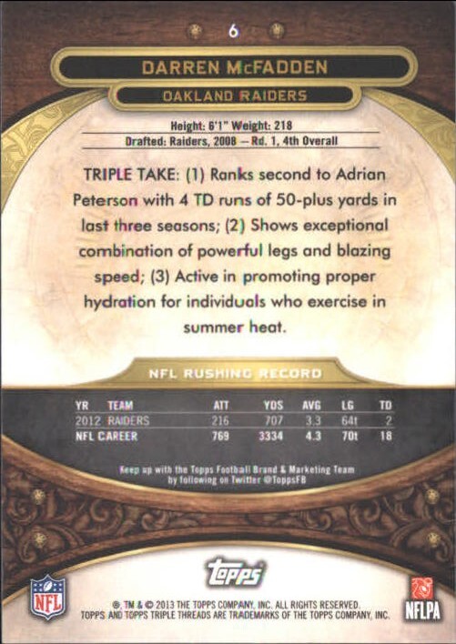 2013 Topps Triple Threads Gold Raiders Football Card #6 Darren McFadden ...