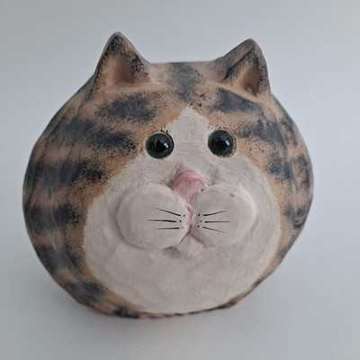 James Haddon Hand Carved Wood Green Eyed Striped Kitty Cat Signed ...