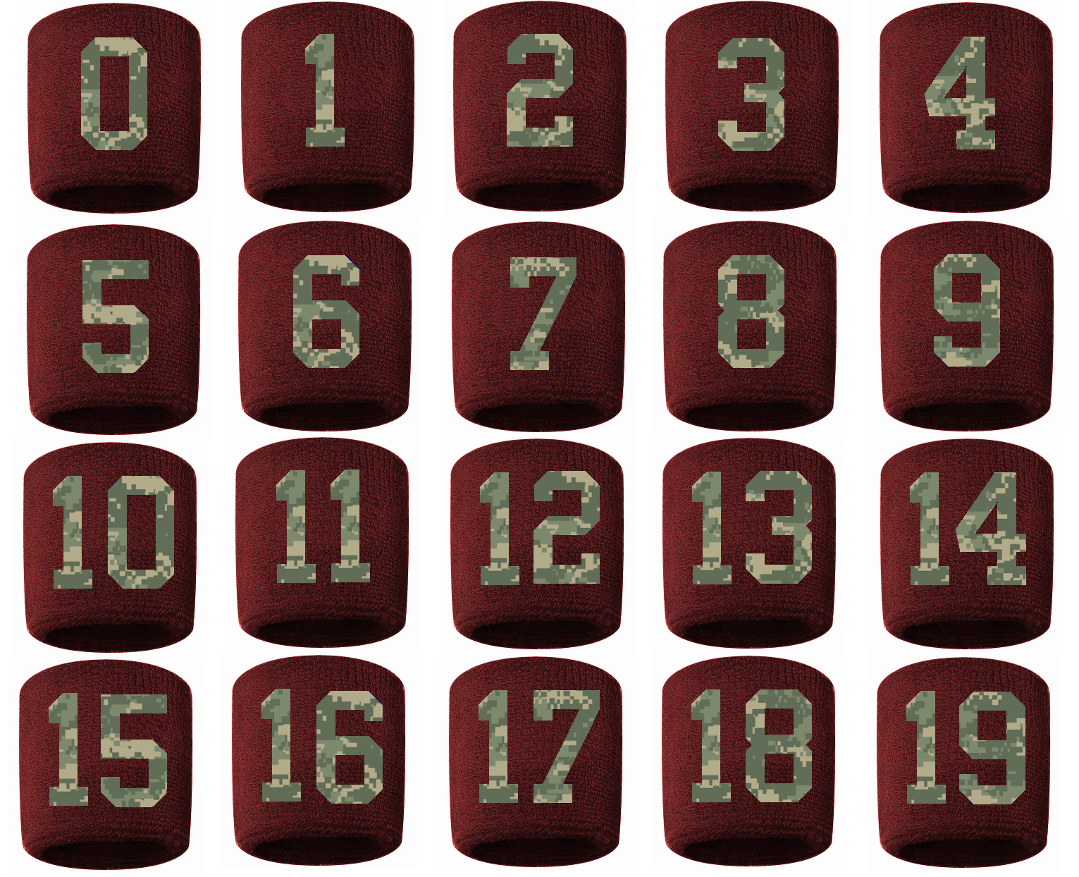 #0-19 Number Sweatband Wristband Football Baseball Maroon Camouflage ...