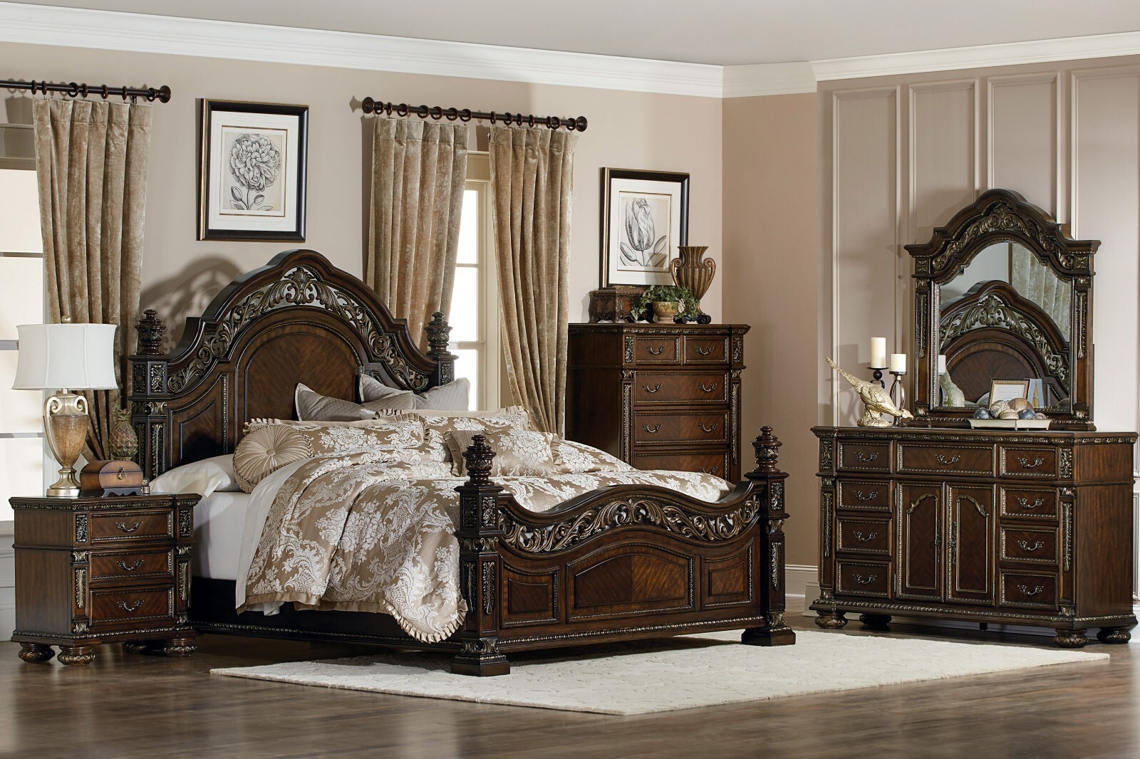 Classic Antique Espresso King Queen 5PC Poster Bedroom Set Traditional ...
