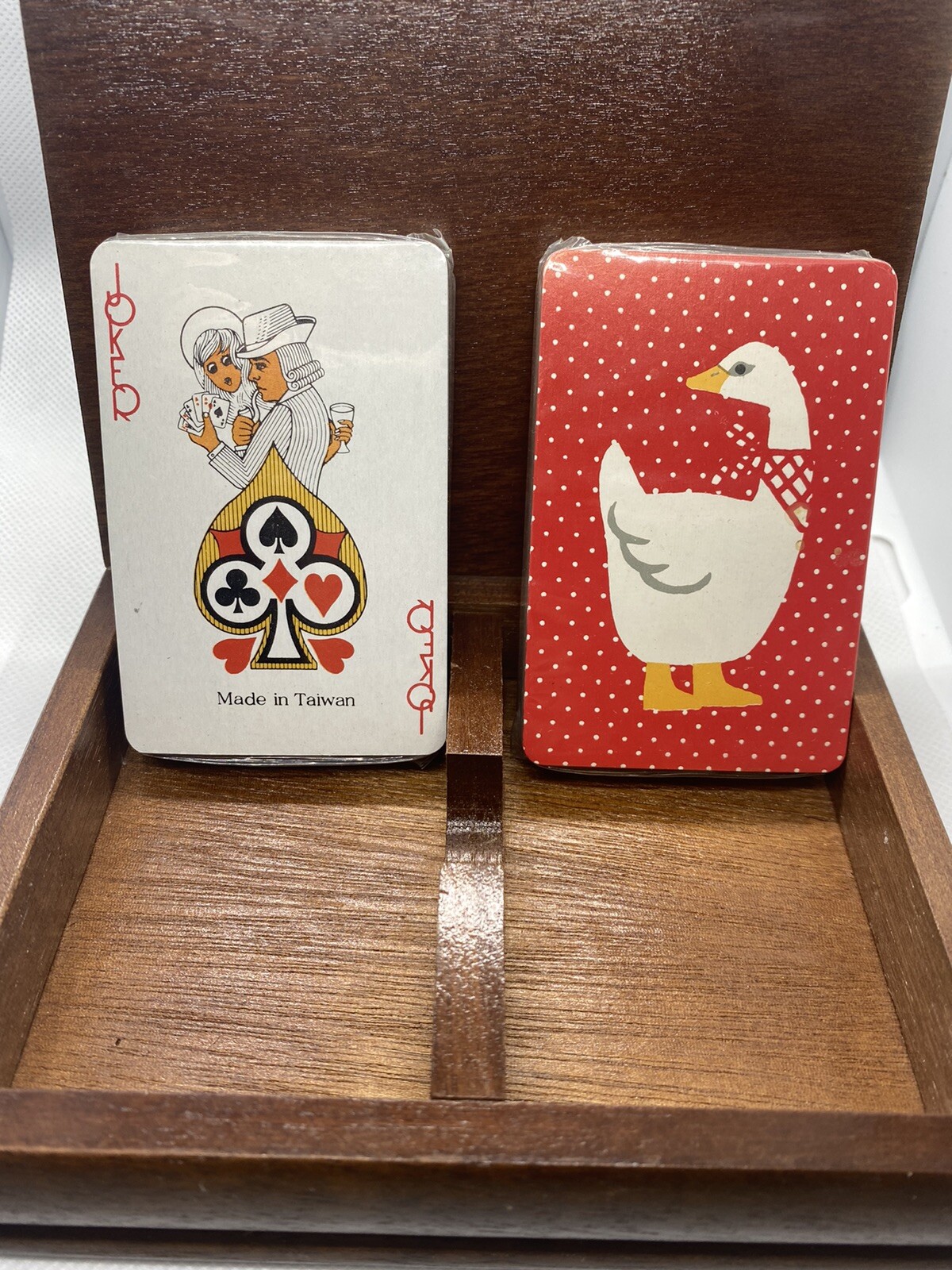 Playing Cards in Hinged Wood Box with Divided Compartments, Duck on Lid ...