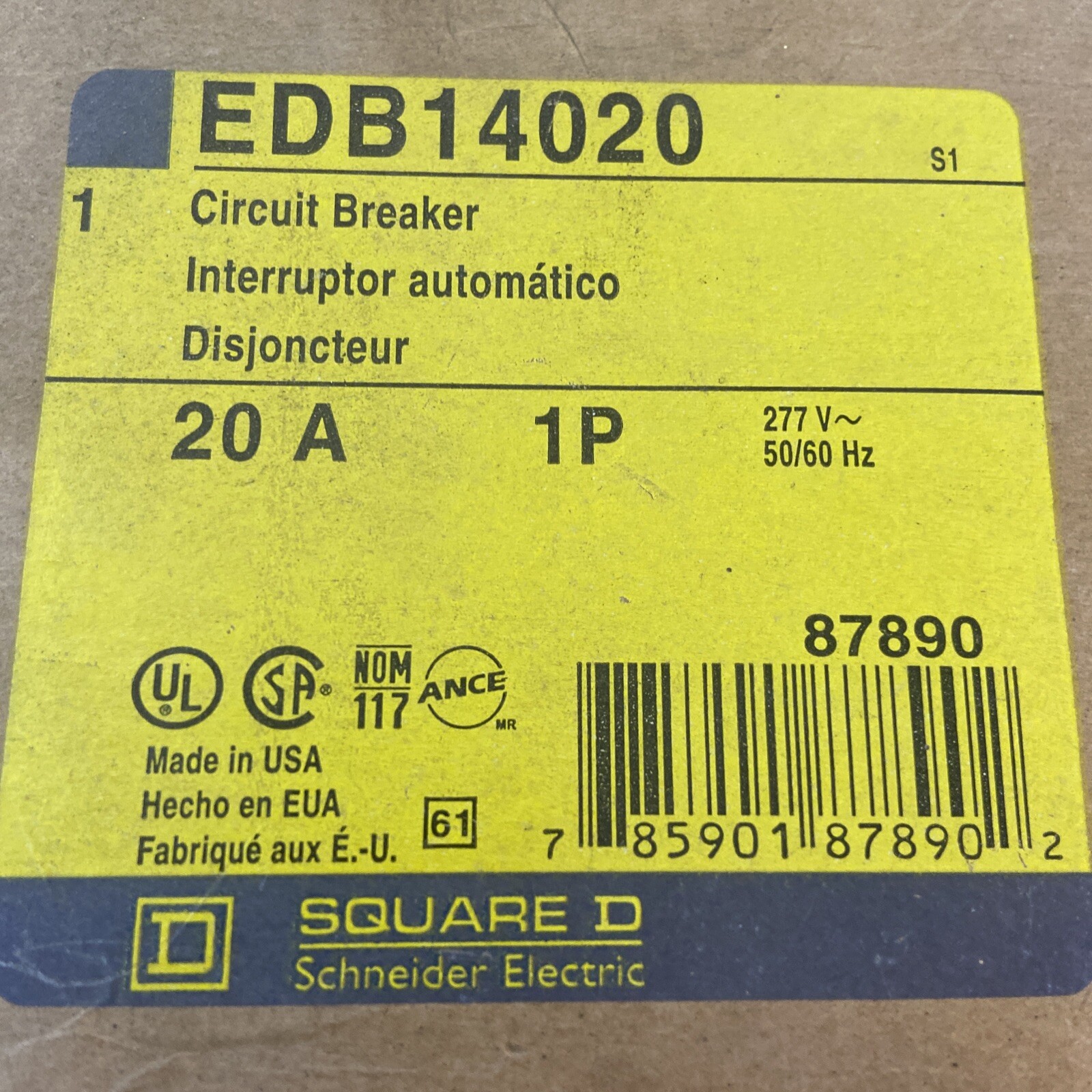EDB14020 SQUARE-D CIRCUIT BREAKER, 20A, SINGLE PHASE, 18kA at 120/240V ...