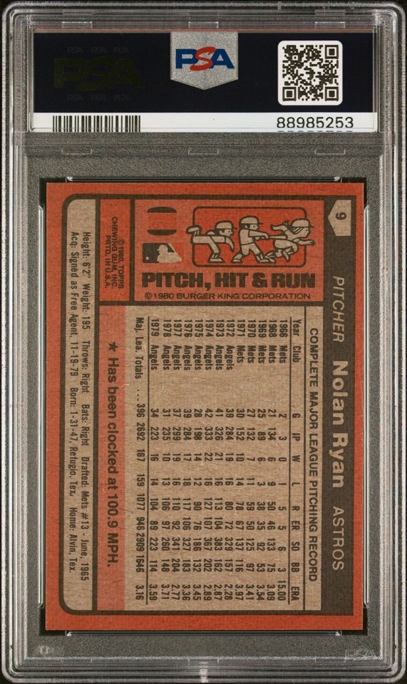 NOLAN RYAN 1980 BURGER KING PITCH, HIT & RUN #9 PSA 9 MINT HOF | eBay